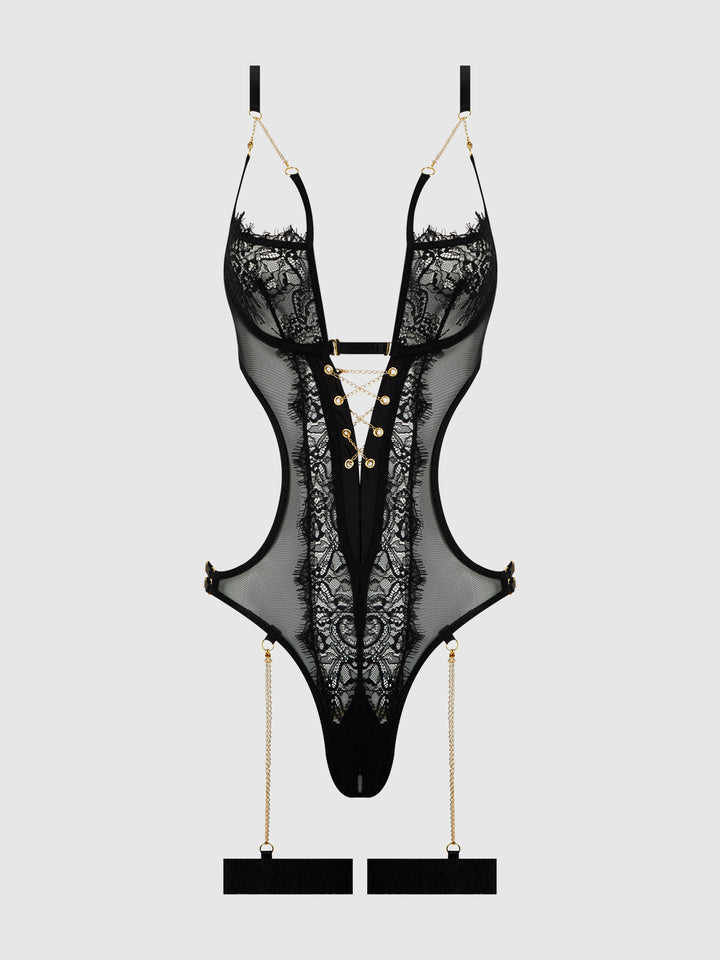 EVE LACE & CHAIN CROTCHLESS TEDDY WITH THIGH GARTERS – House of Desire