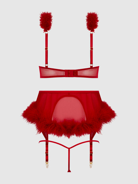 MARILYN MARABOU & MESH OPENABLE BRA, GARTER, & G-STRING SET – House of ...